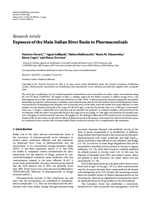 (PDF) Exposure of the main Italian river basin to pharmaceuticals