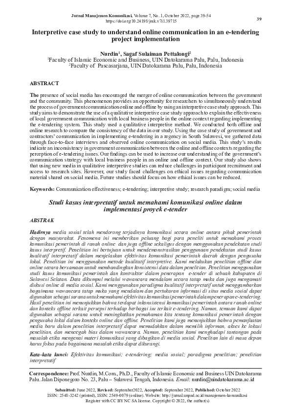 (PDF) Interpretive case study to understand online communication in an e-tendering project ...