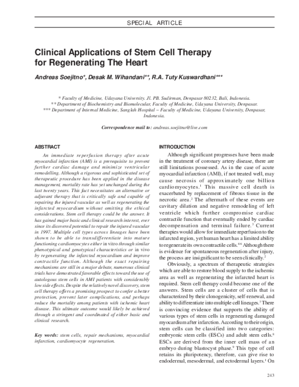 (PDF) Clinical applications of stem cell therapy for regenerating the heart