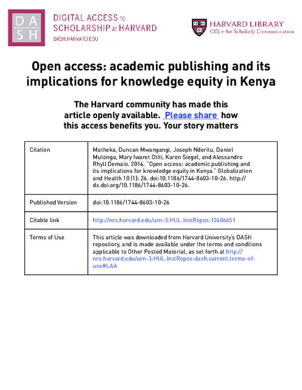 (PDF) Open access: academic publishing and its implications for knowledge equity in Kenya