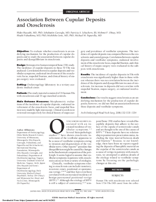 (PDF) Association Between Cupular Deposits and Otosclerosis