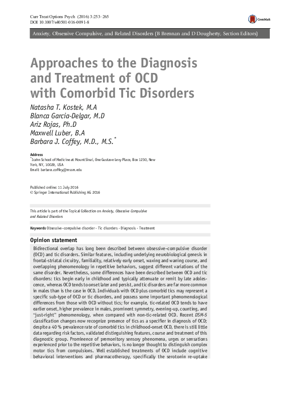 (PDF) Approaches to the Diagnosis and Treatment of OCD with Comorbid Tic Disorders