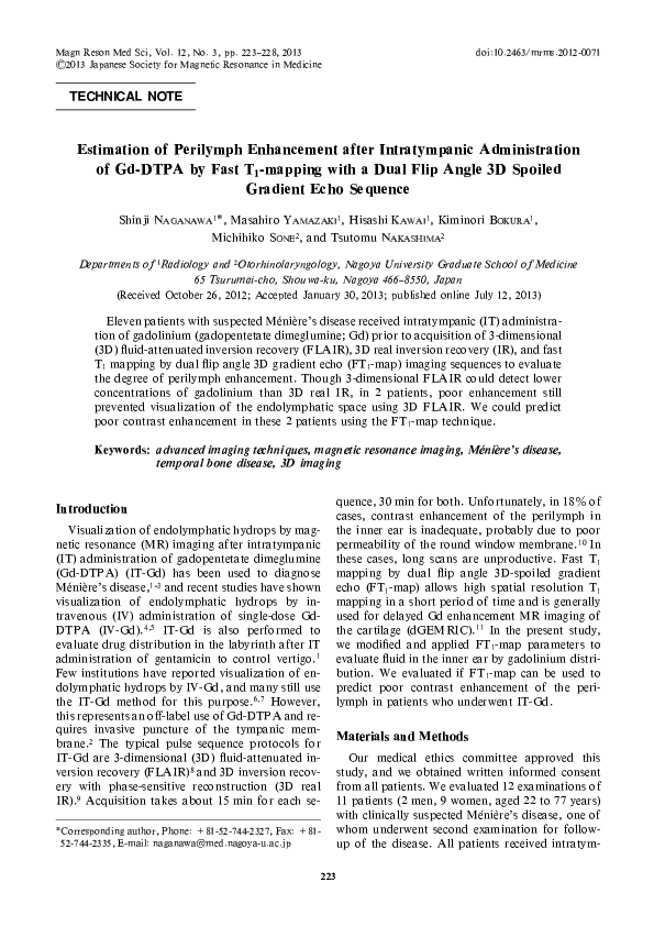 (PDF) Estimation of Perilymph Enhancement after Intratympanic Administration of Gd-DTPA by Fast ...