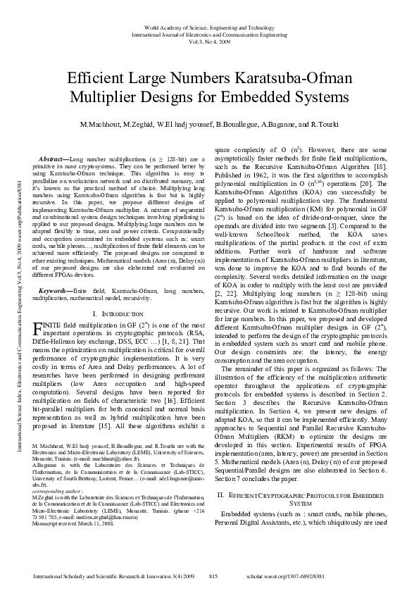 (PDF) Efficient Large Numbers Karatsuba-Ofman Multiplier Designs For Embedded Systems