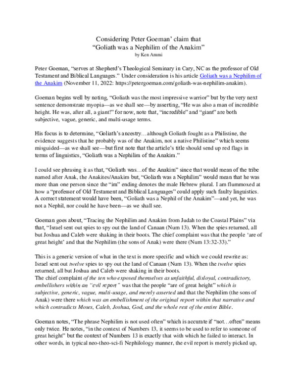(PDF) Considering Peter Goeman' claim that "Goliath was a Nephilim of ...