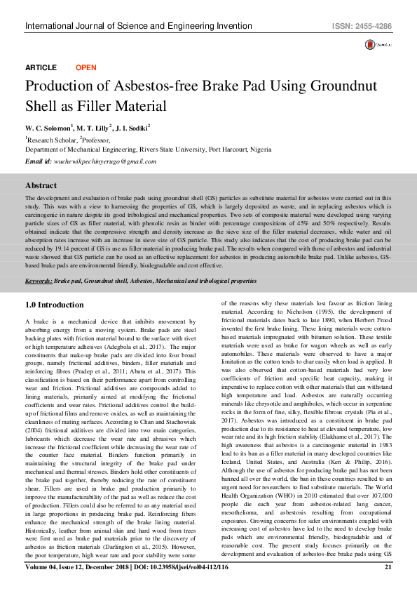 (PDF) Production of Asbestos-free Brake Pad Using Groundnut Shell as ...