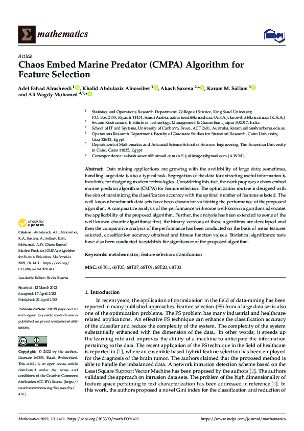 (PDF) Chaos Embed Marine Predator (CMPA) Algorithm for Feature Selection | khalid alnowibet ...
