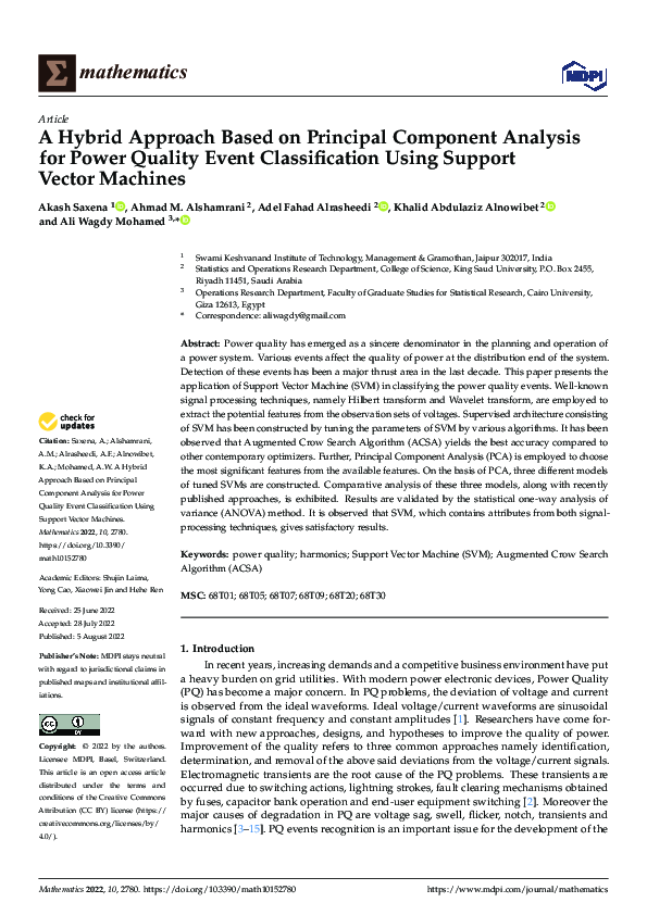 Pdf A Hybrid Approach Based On Principal Component Analysis For Power Quality Event
