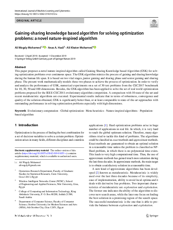 (PDF) Gaining-sharing knowledge based algorithm for solving optimization problems: a novel ...