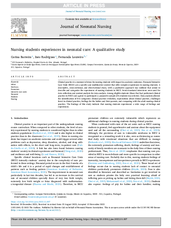 (PDF) Nursing students experiences in neonatal care: A qualitative study