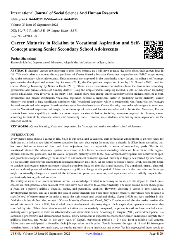 (PDF) Career Maturity in Relation to Vocational Aspiration and Self- Concept among Senior ...