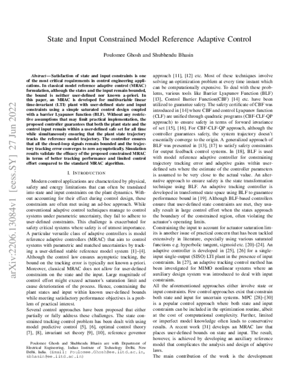 Pdf State And Input Constrained Model Reference Adaptive Control Poulomee Ghosh