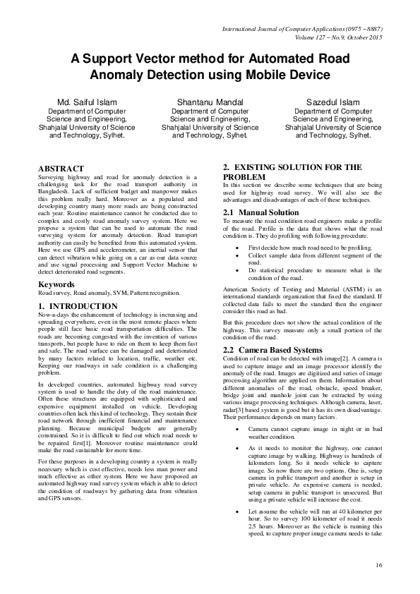 Pdf A Support Vector Method For Automated Road Anomaly Detection