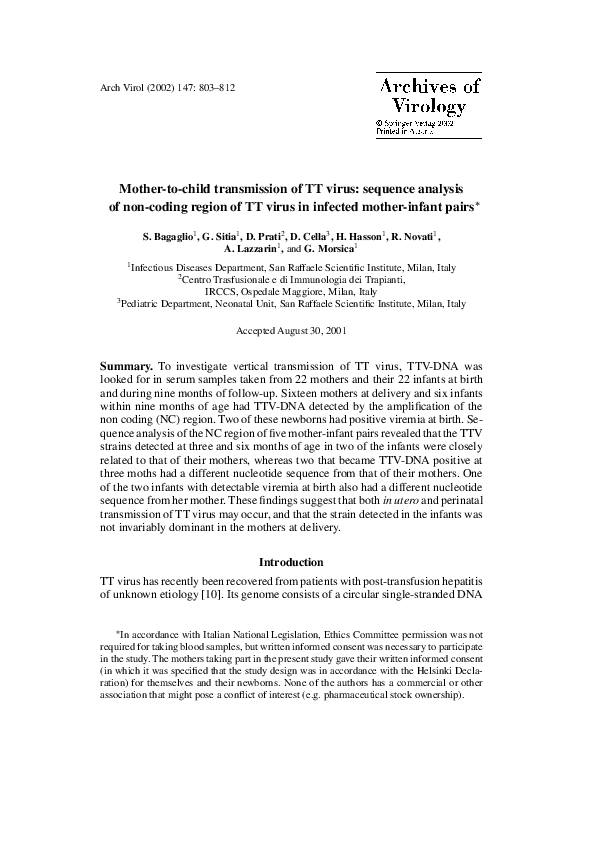 (PDF) Mother-to-child transmission of TT virus: sequence analysis of ...