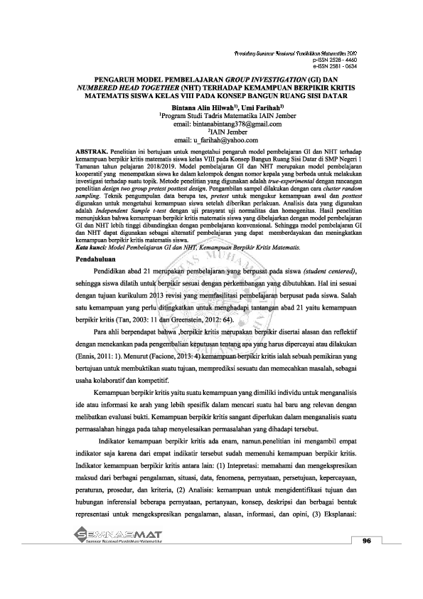 (PDF) Pengaruh model pembelajaran group investigation (GI) dan numbered head together (NHT ...