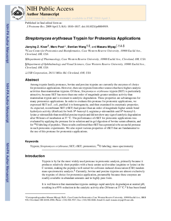 (PDF) Streptomyces erythraeus Trypsin for Proteomics Applications | Benlian Wang - Academia.edu