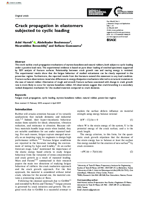 (PDF) Crack propagation in elastomers subjected to cyclic loading