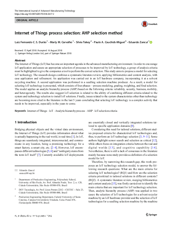 (PDF) Internet of Things process selection: AHP selection method