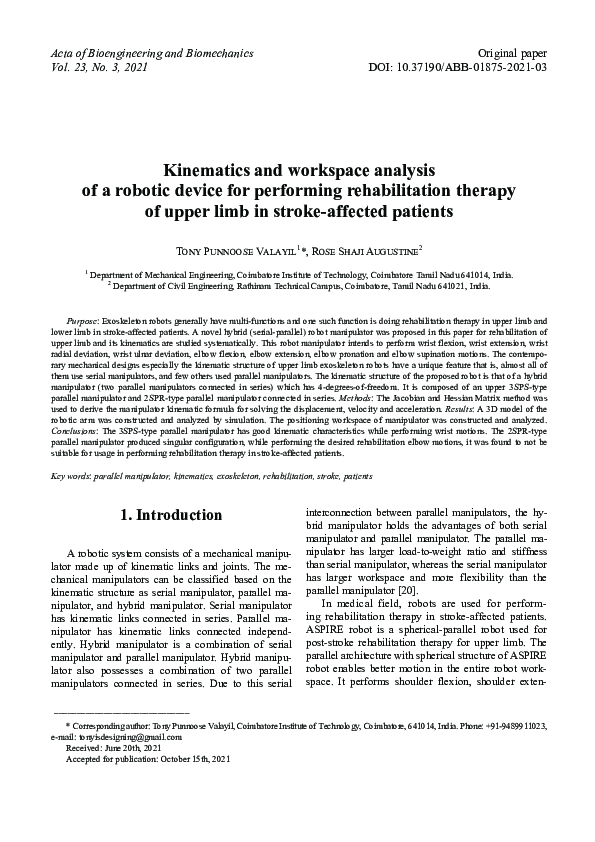 (PDF) Kinematics and workspace analysis of a robotic device for ...