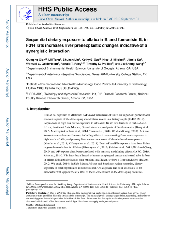 (PDF) Sequential dietary exposure to aflatoxin B1 and fumonisin B1 in F344 rats increases liver ...