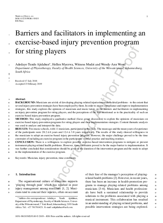 Barriers and facilitators in implementing an exercise-based injury prevention program for string ...