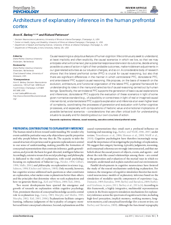 (PDF) Architecture of Explanatory Inference in the Human Prefrontal Cortex