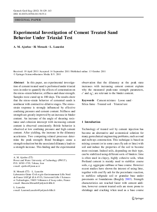 (PDF) Experimental Investigation of Cement Treated Sand Behavior Under ...