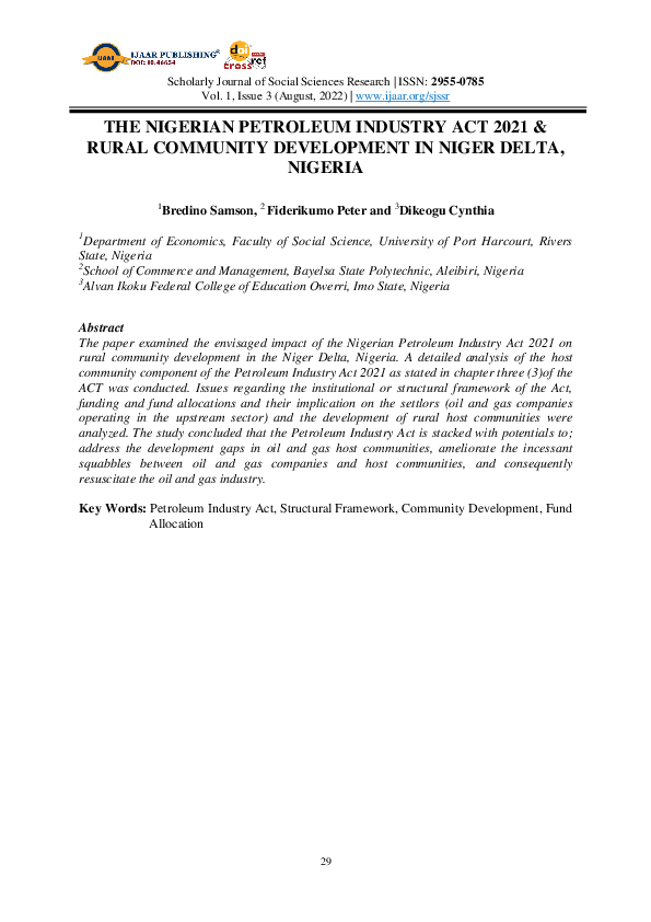 (PDF) THE NIGERIAN PETROLEUM INDUSTRY ACT 2021 & RURAL COMMUNITY DEVELOPMENT IN NIGER DELTA, NIGERIA