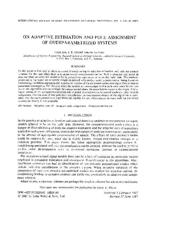 Pdf On Adaptive Estimation And Pole Assignment Of Overparametrized Systems