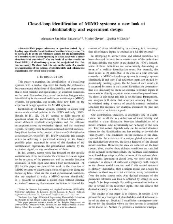 (PDF) Closed-Loop Identification of MIMO Systems: A New Look at Identifiability and Experiment ...