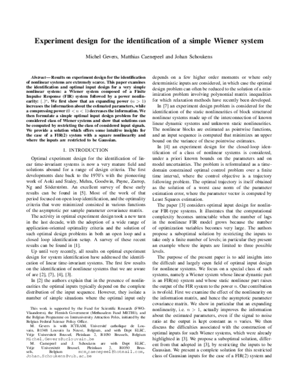 (PDF) Experiment design for the identification of a simple Wiener system