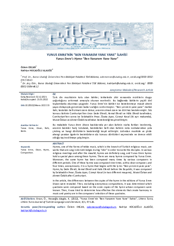 (PDF) YUNUS EMRE'NİN "BEN YANAREM YANE YANE" İLAHİSİ