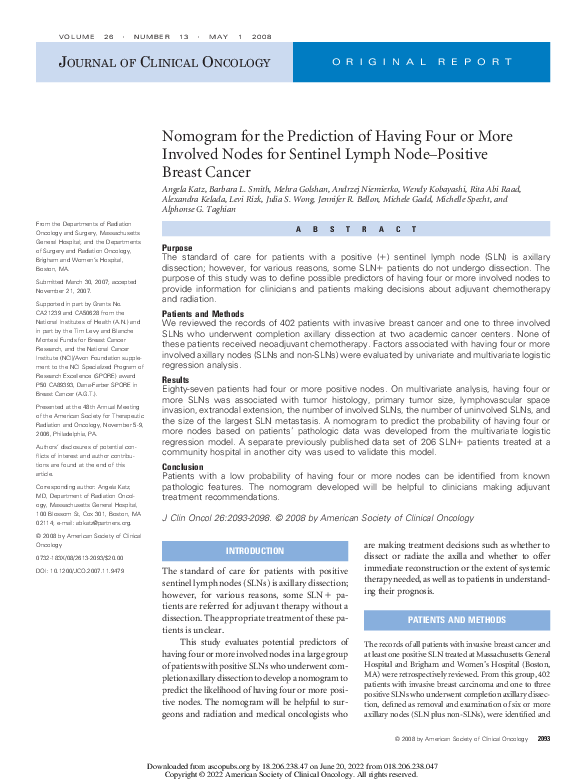Pdf Nomogram For The Prediction Of Having Four Or More Involved Nodes For Sentinel Lymph Node
