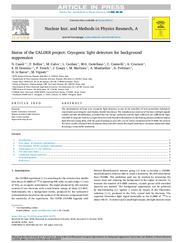 (PDF) Status of the CALDER project: Cryogenic light detectors for ...