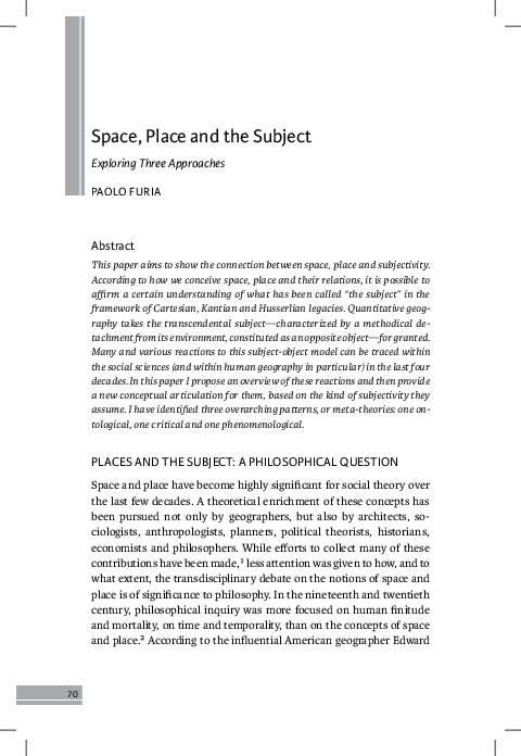 (PDF) Space, Place and the Subject: Exploring Three Approaches