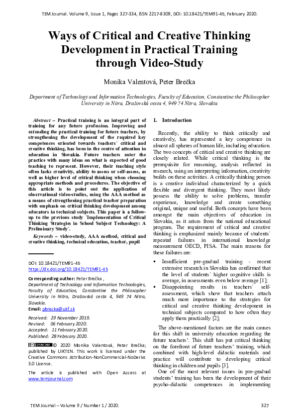 (PDF) Ways of Critical and Creative Thinking Development in Practical Training through Video ...