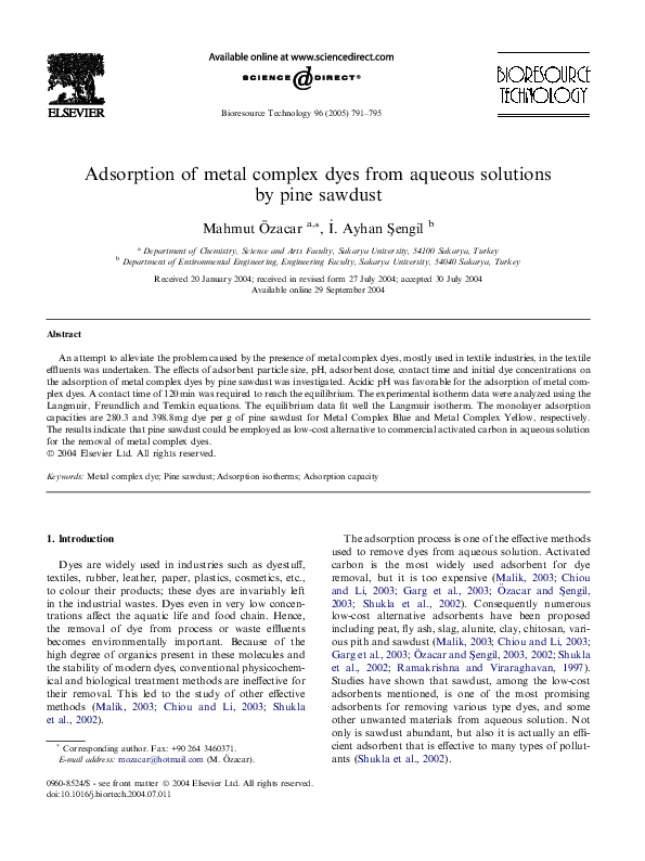 (PDF) Adsorption of metal complex dyes from aqueous solutions by pine ...
