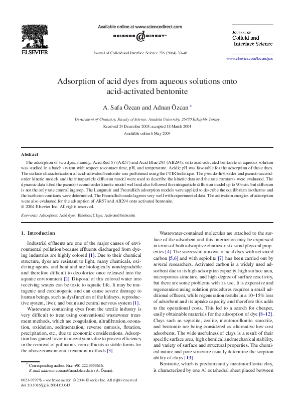 (PDF) Adsorption of acid dyes from aqueous solutions onto acid-activated bentonite