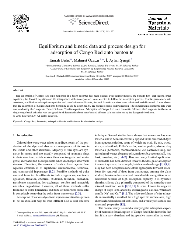 (PDF) Equilibrium and kinetic data and process design for adsorption of Congo Red onto bentonite