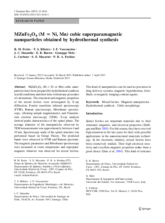 (PDF) MZnFe2O4 (M = Ni, Mn) cubic superparamagnetic nanoparticles ...