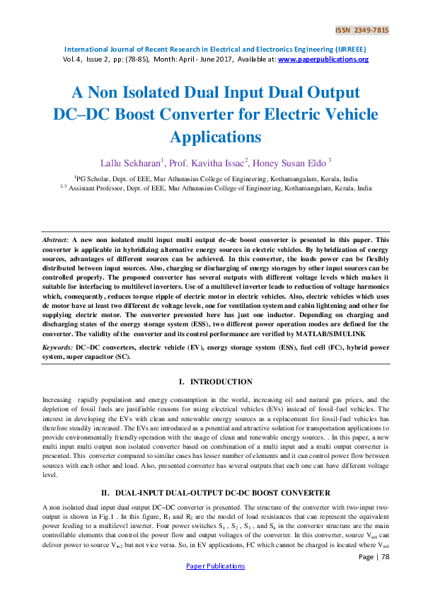 (PDF) A Non Isolated Dual Input Dual Output DC–DC Boost Converter for Electric Vehicle Applications