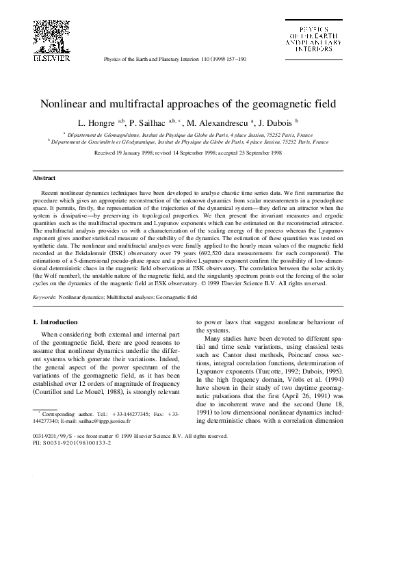 (PDF) Nonlinear and multifractal approaches of the geomagnetic field
