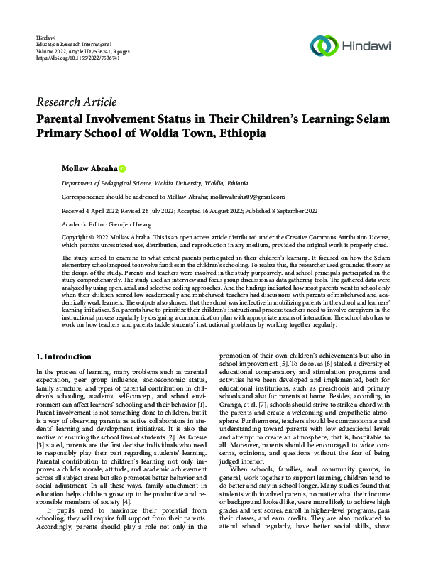(PDF) Parental Involvement Status in Their Children’s Learning: Selam ...