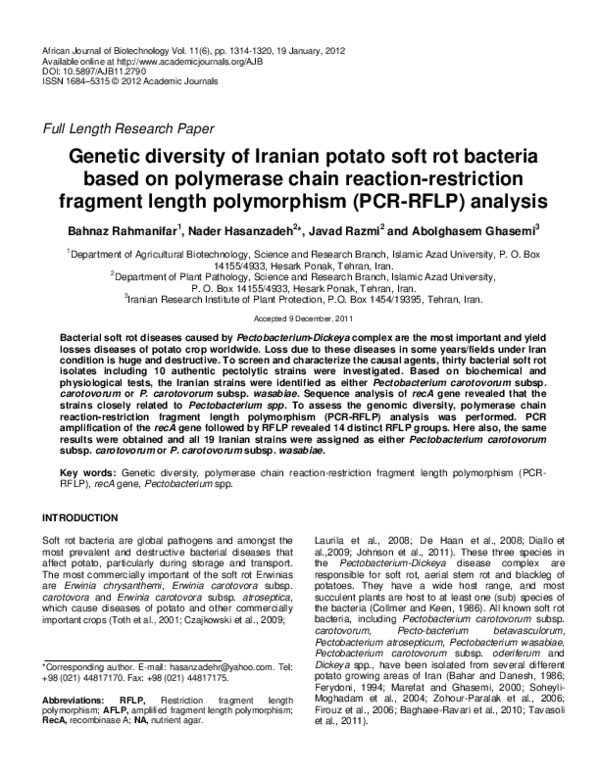 (PDF) Genetic diversity of Iranian potato soft rot bacteria based on polymerase chain reaction ...