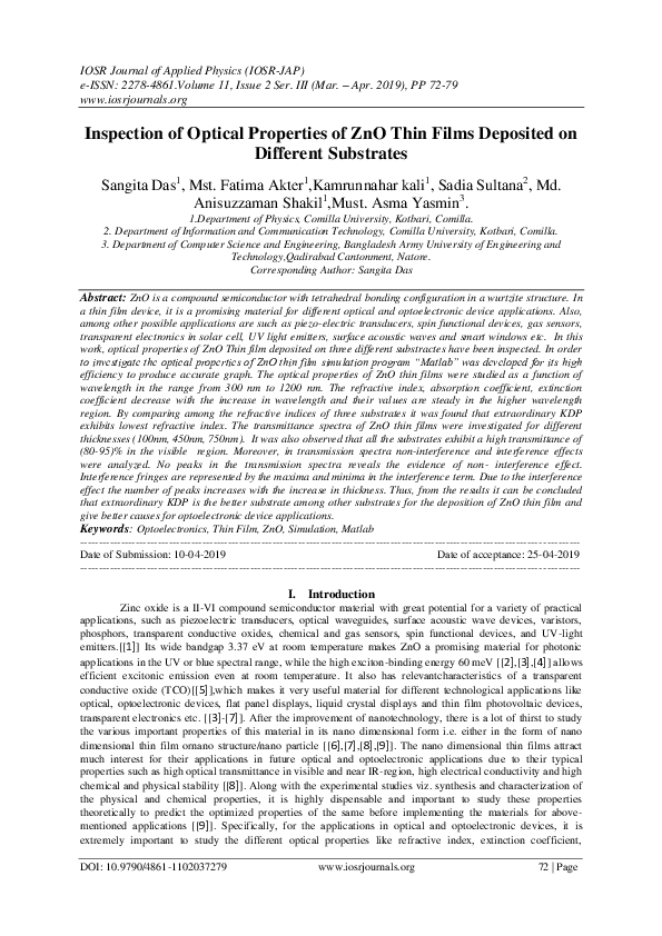 (PDF) Inspection of Optical Properties of ZnO Thin Films Deposited on ...