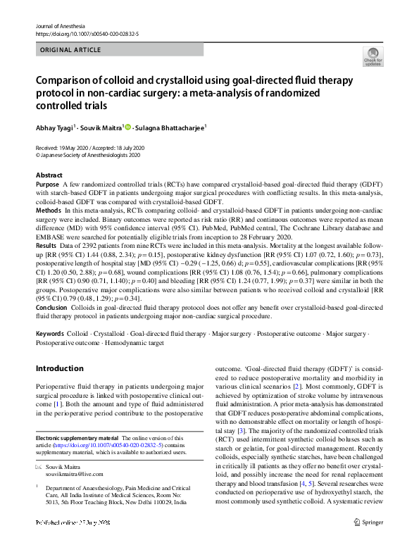 (PDF) Comparison of colloid and crystalloid using goal-directed fluid therapy protocol in non ...