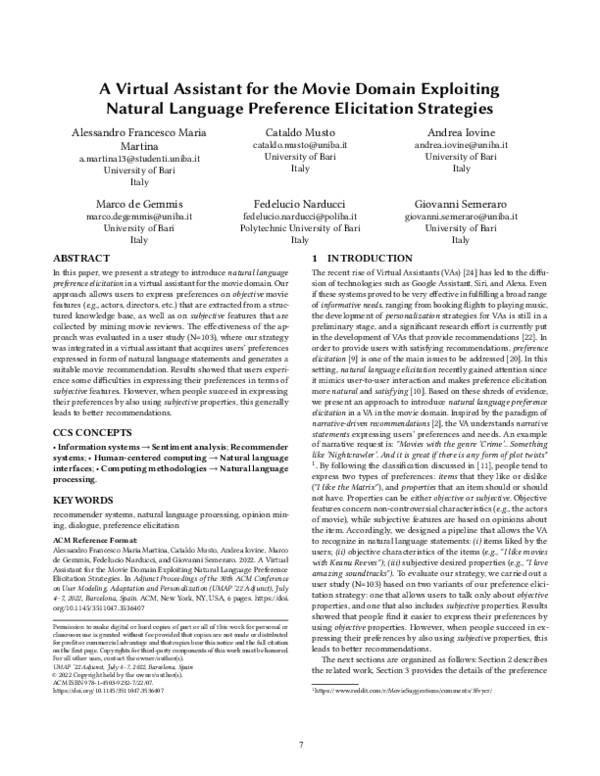 Pdf A Virtual Assistant For The Movie Domain Exploiting Natural Language Preference