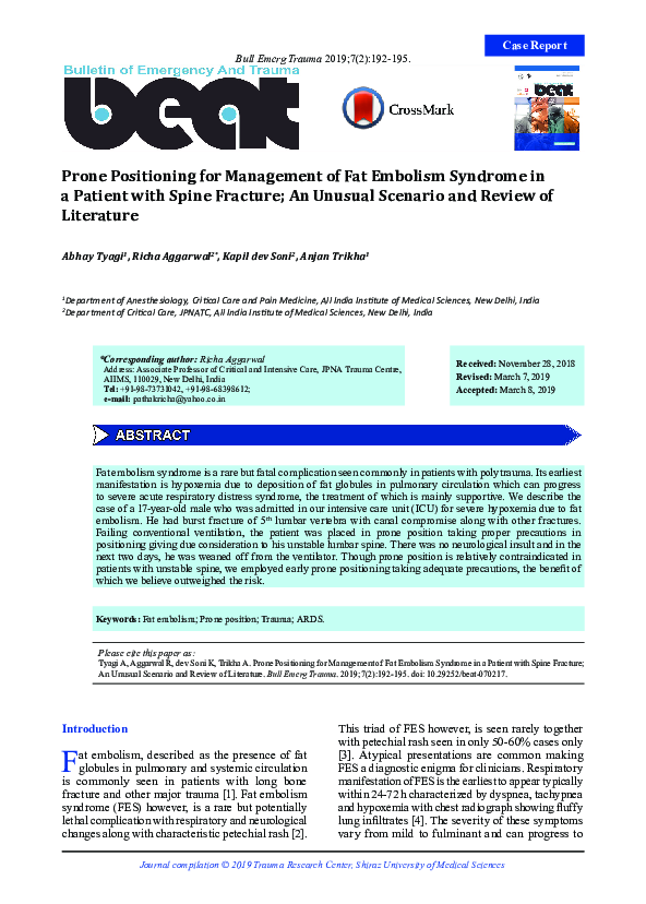 (PDF) Prone Positioning for Management of Fat Embolism Syndrome in a ...