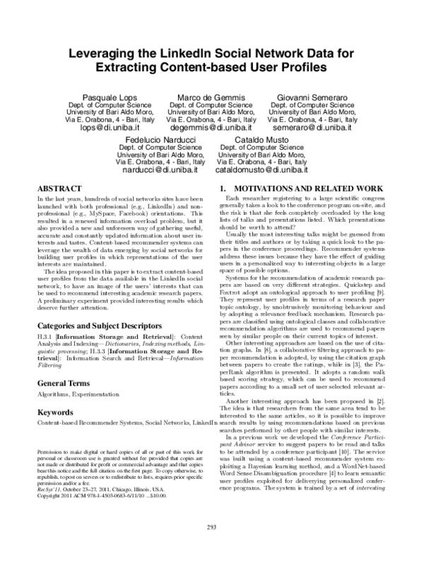 (PDF) Leveraging the linkedin social network data for extracting content-based user profiles