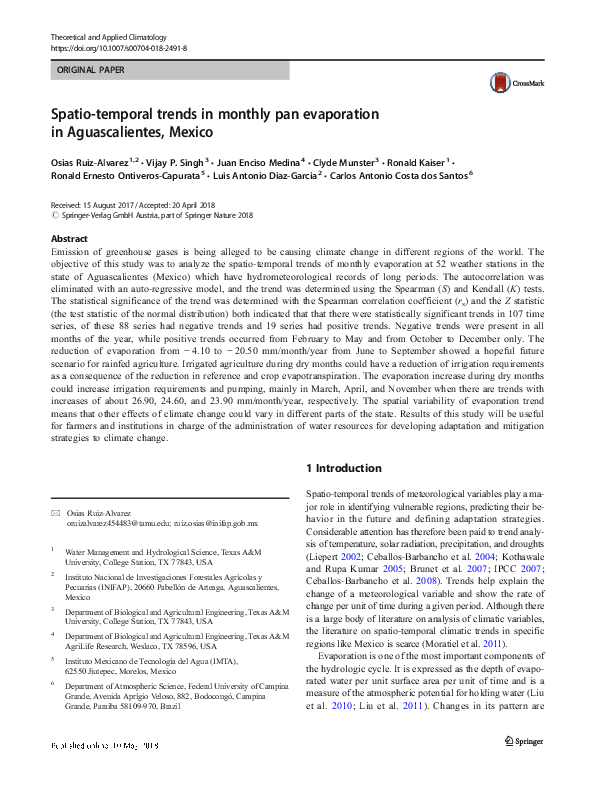 Pdf Spatio Temporal Trends In Monthly Pan Evaporation In Aguascalientes Mexico